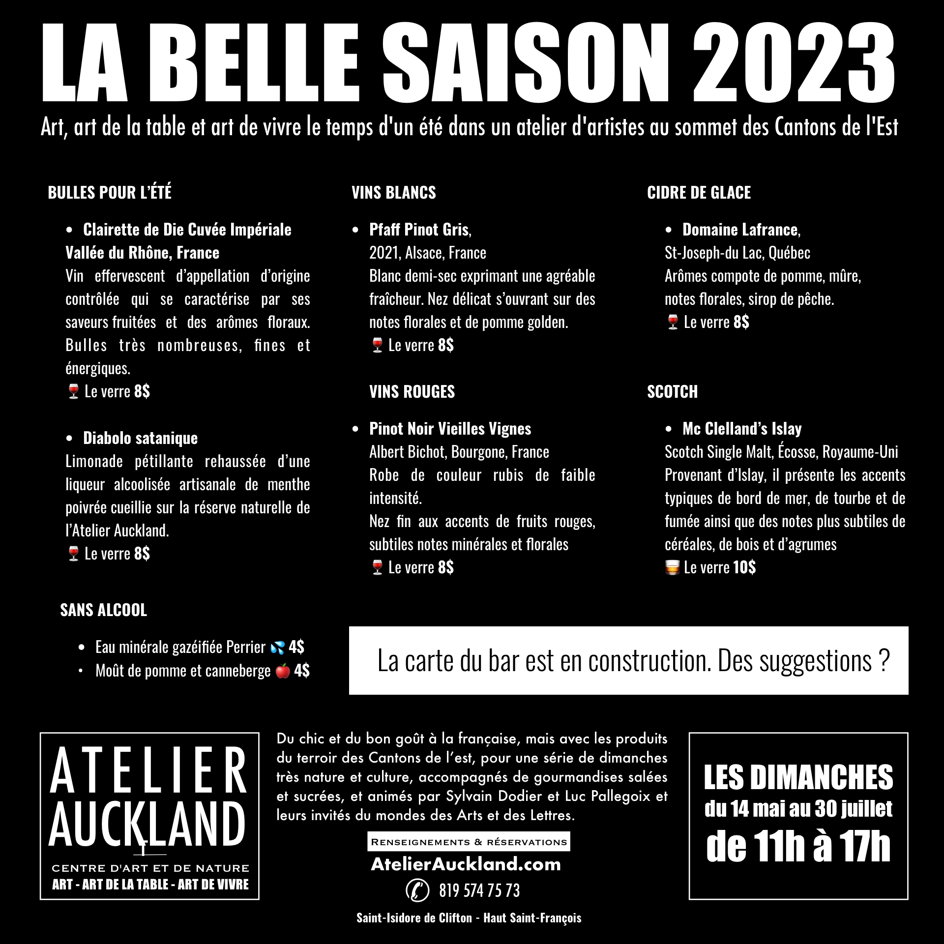 La belle saison 2023 – carte du bar – ATELIER AUCKLAND